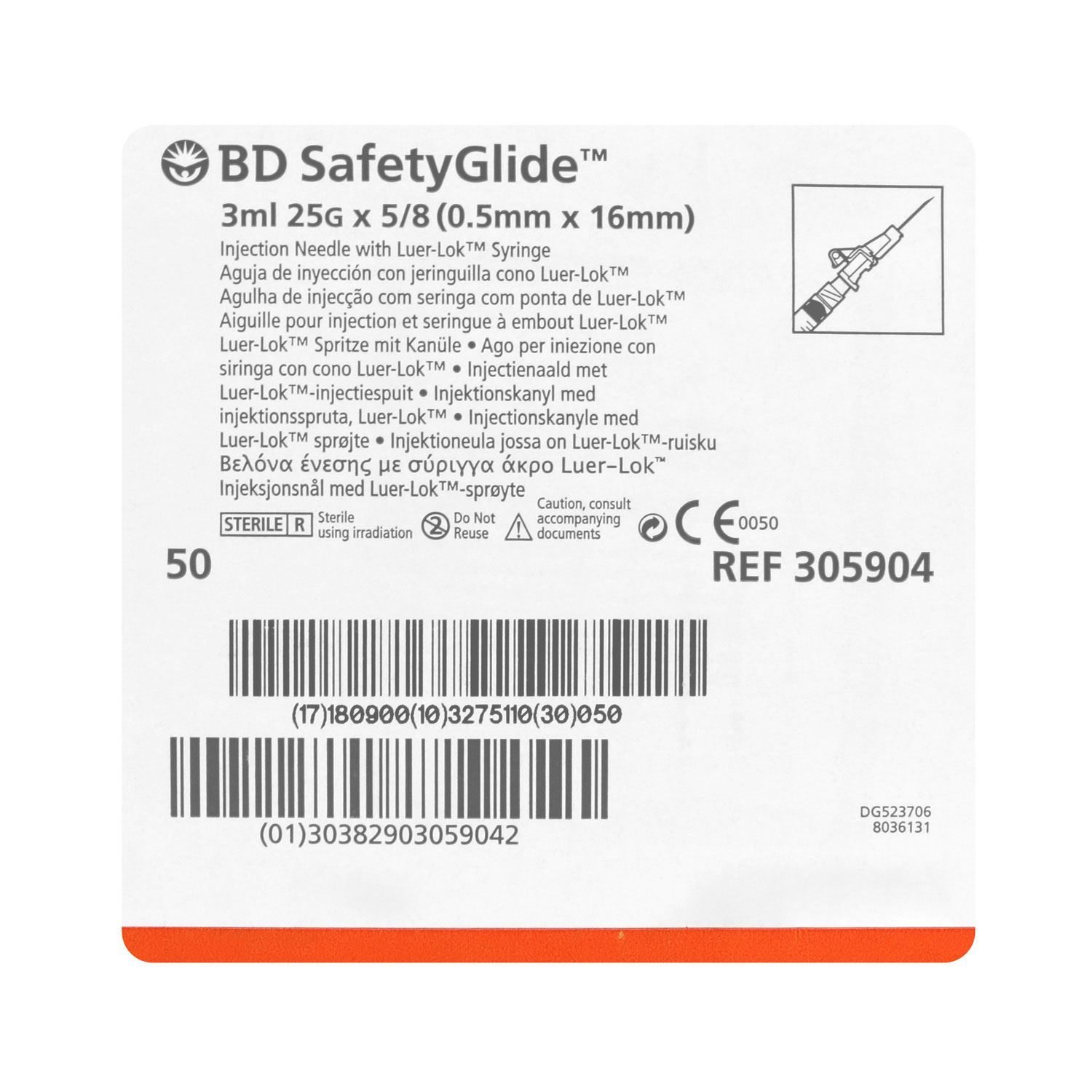3cc Syringe, 25G x 5/8", Safety Glide, Sterile, BD SafetyGlide™, 50/Box | McGuff