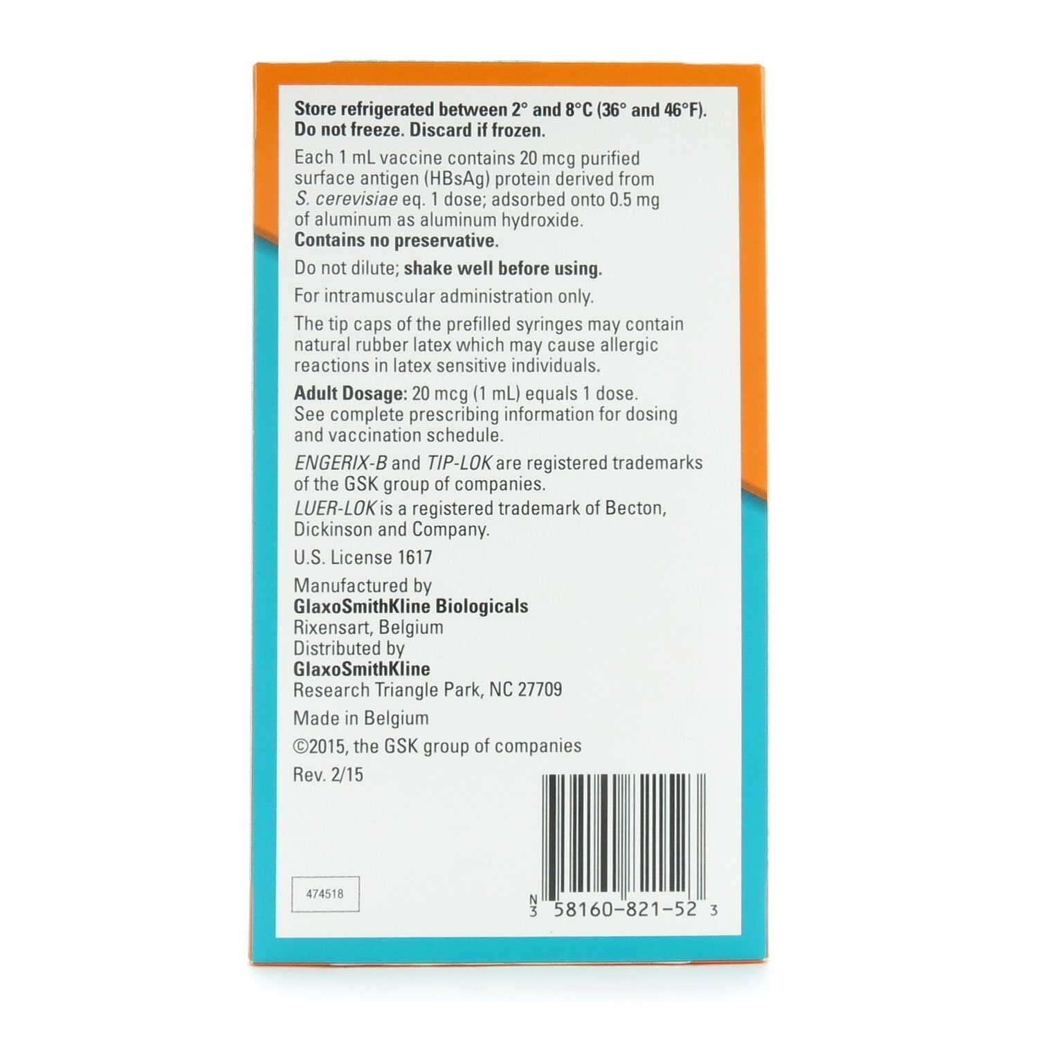 Engerix-B® Hepatitis B Vaccine Injection, Adult 20 mcg/mL, Prefilled ...