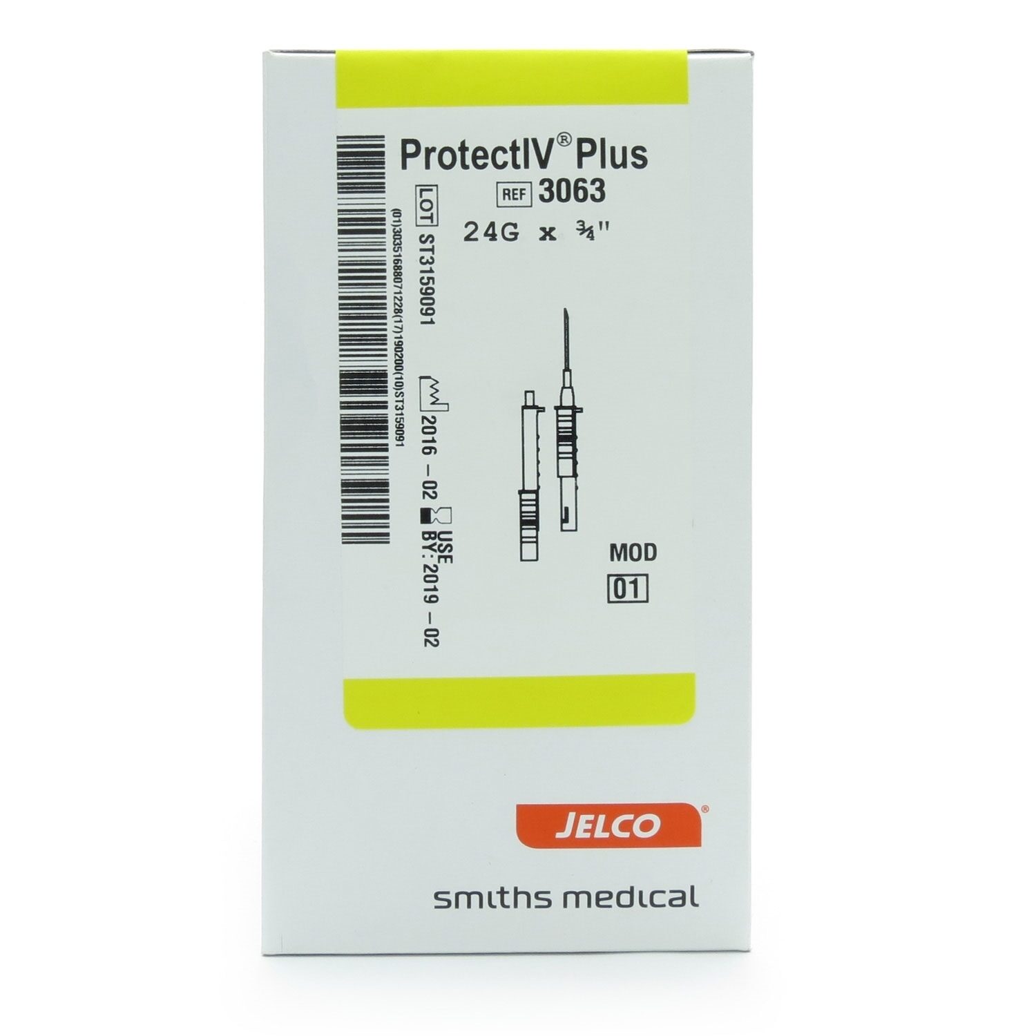 Protectiv® Plus Peripheral IV Catheter, 24 G x 3/4" Yellow Straight Hub ...