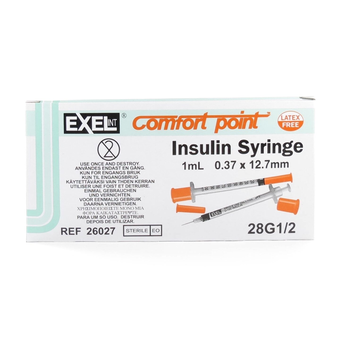 1cc Insulin Syringe, 28Gx 1/2", Exel Comfort Point, 100/Box | McGuff