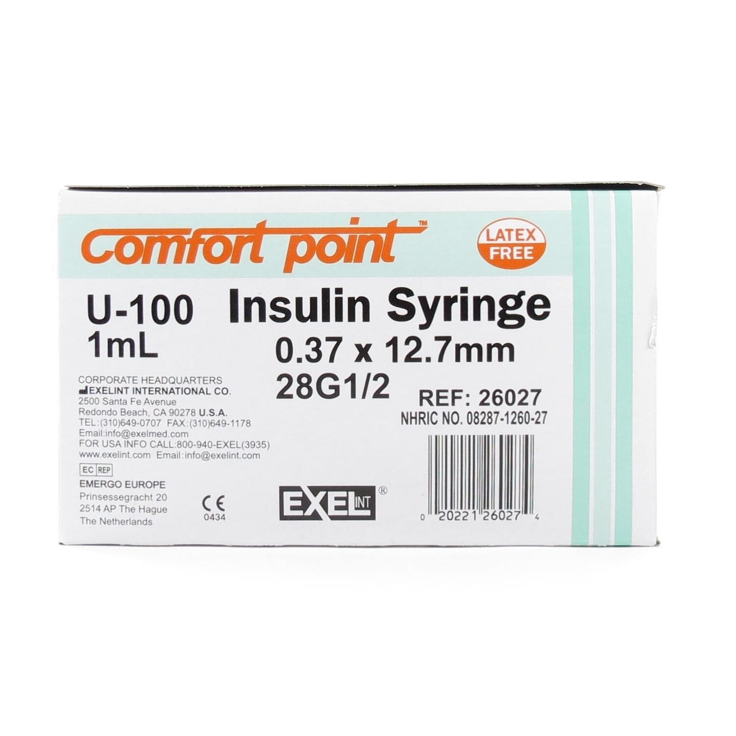 1cc Insulin Syringe, 28Gx 1/2", Exel Comfort Point, 100/Box | McGuff