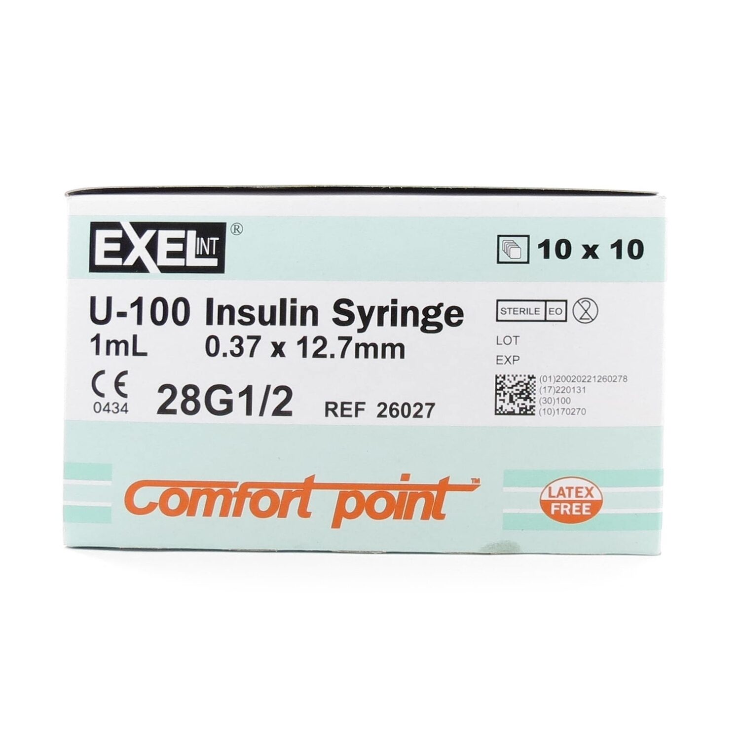 1cc Insulin Syringe, 28Gx 1/2", Exel Comfort Point, 100/Box | McGuff