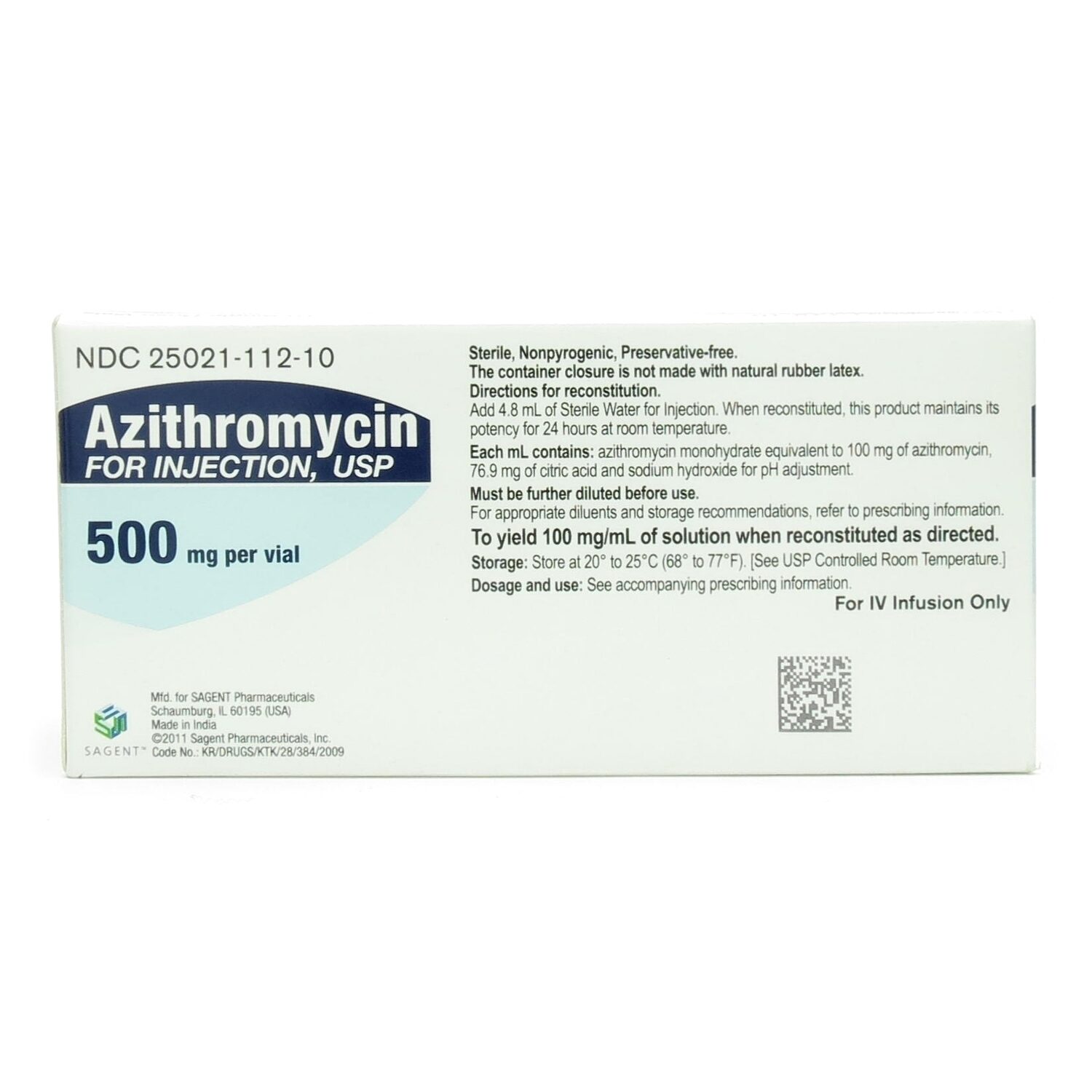 Azithromycin IV, Powder, 500mg/Vial, SDV 10mL, 10 Vials/Tray | McGuff