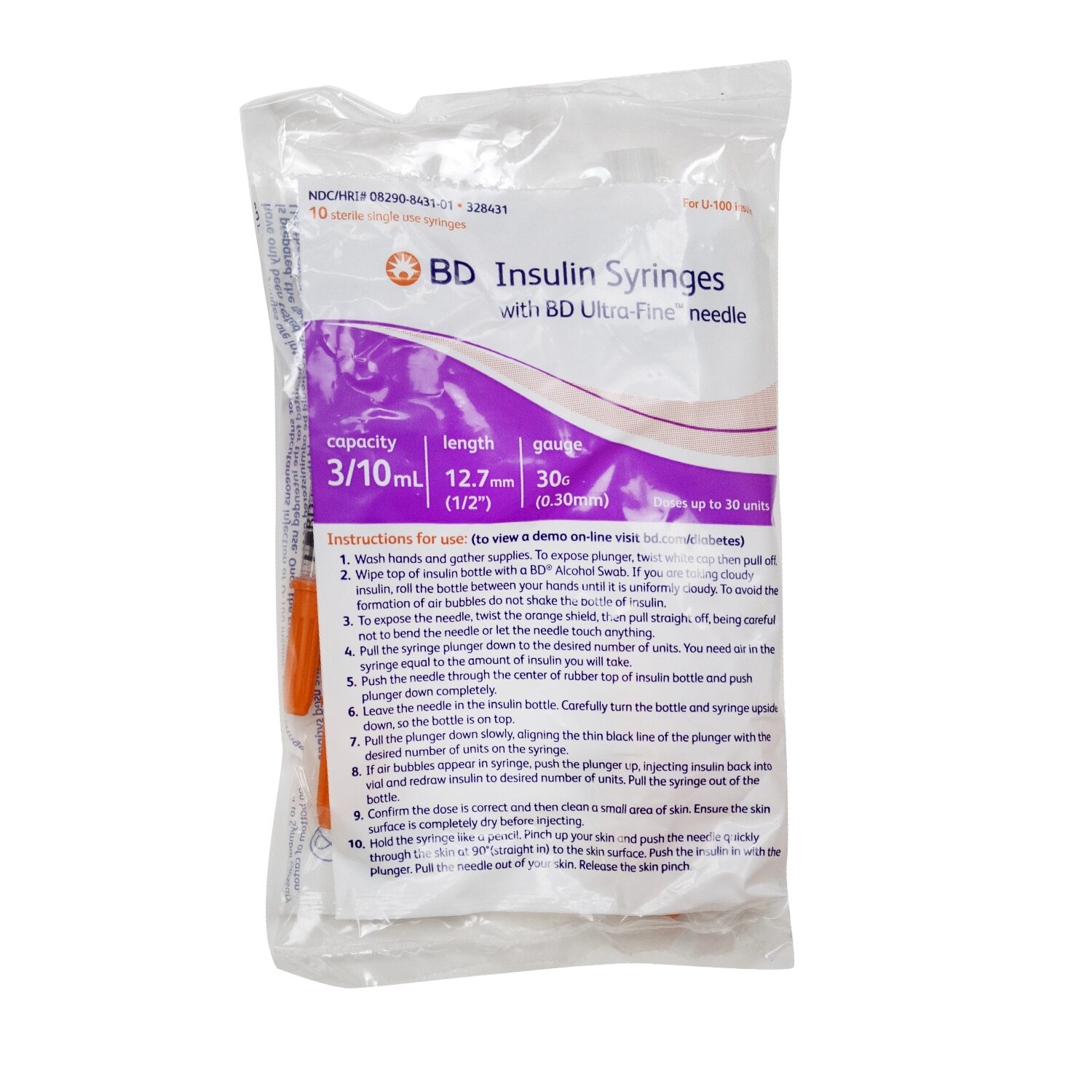 BD Ultra-Fine™ Insulin Syringe With Needle 0.3cc 30G x 1/2", 100/Box ...