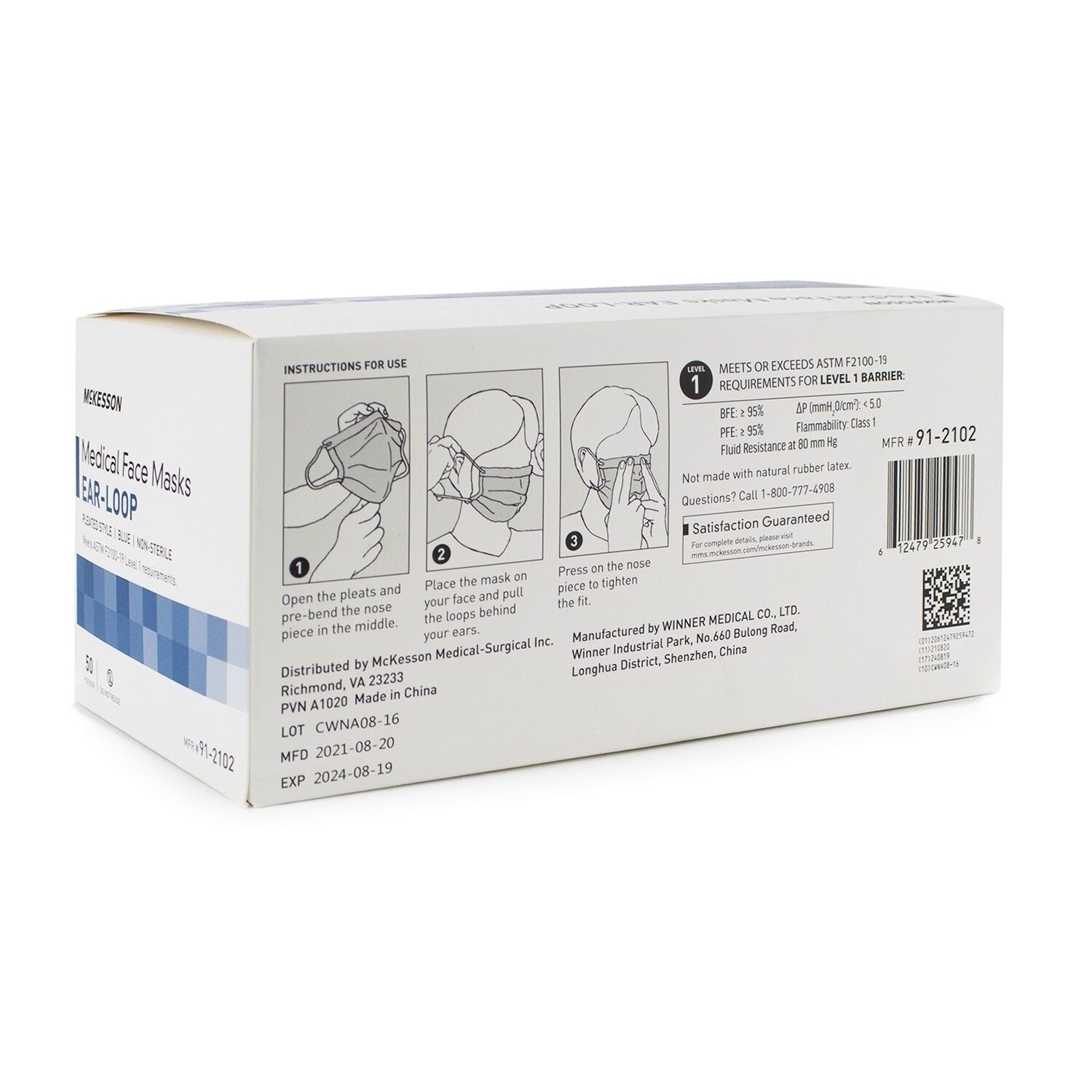 Mask, Procedure, Pleated Earloops, Blue, ASTM Level 1 Adult, 50/Box ...