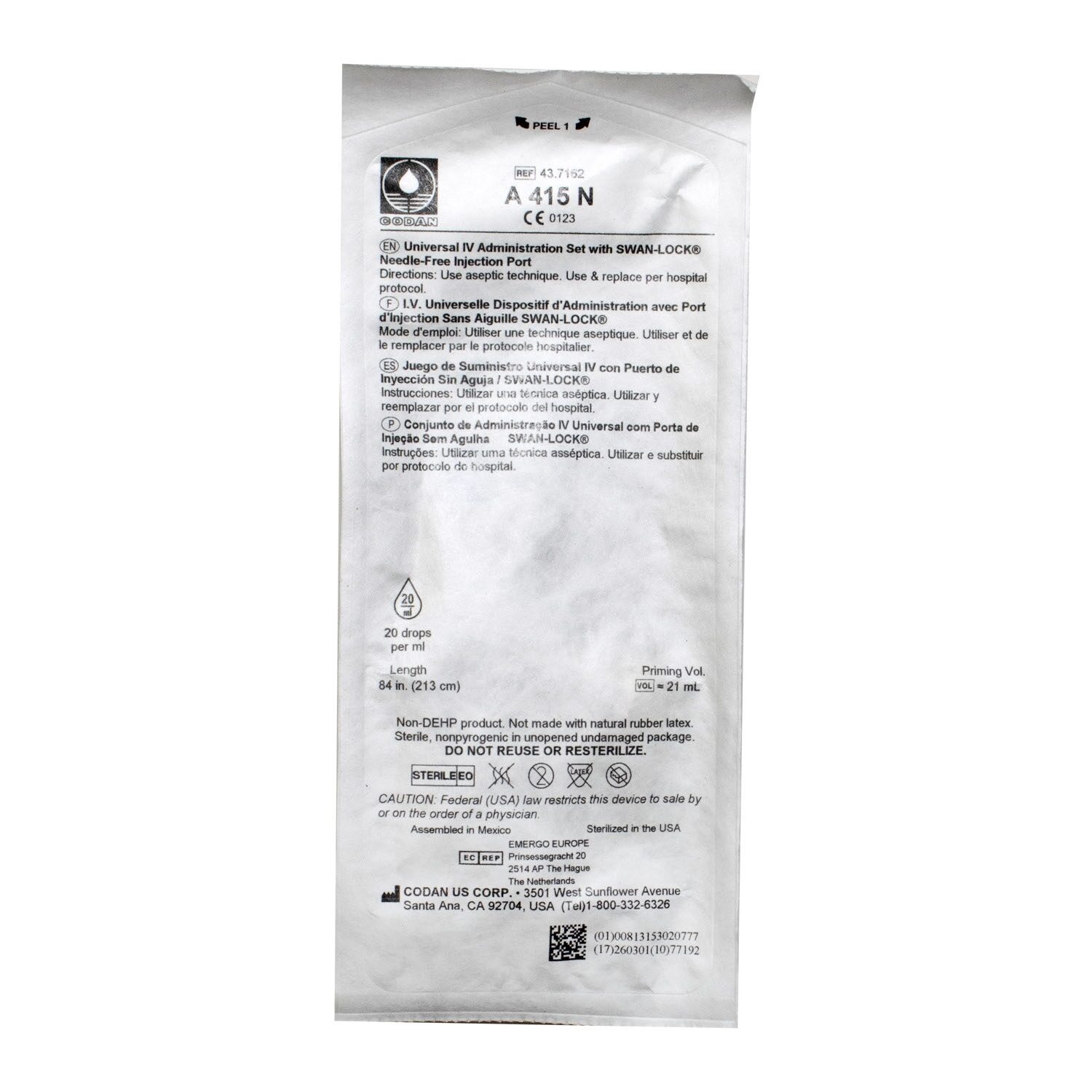 CODAN Primary IV Administration Set with 1 Needle-Free Port, Non ...