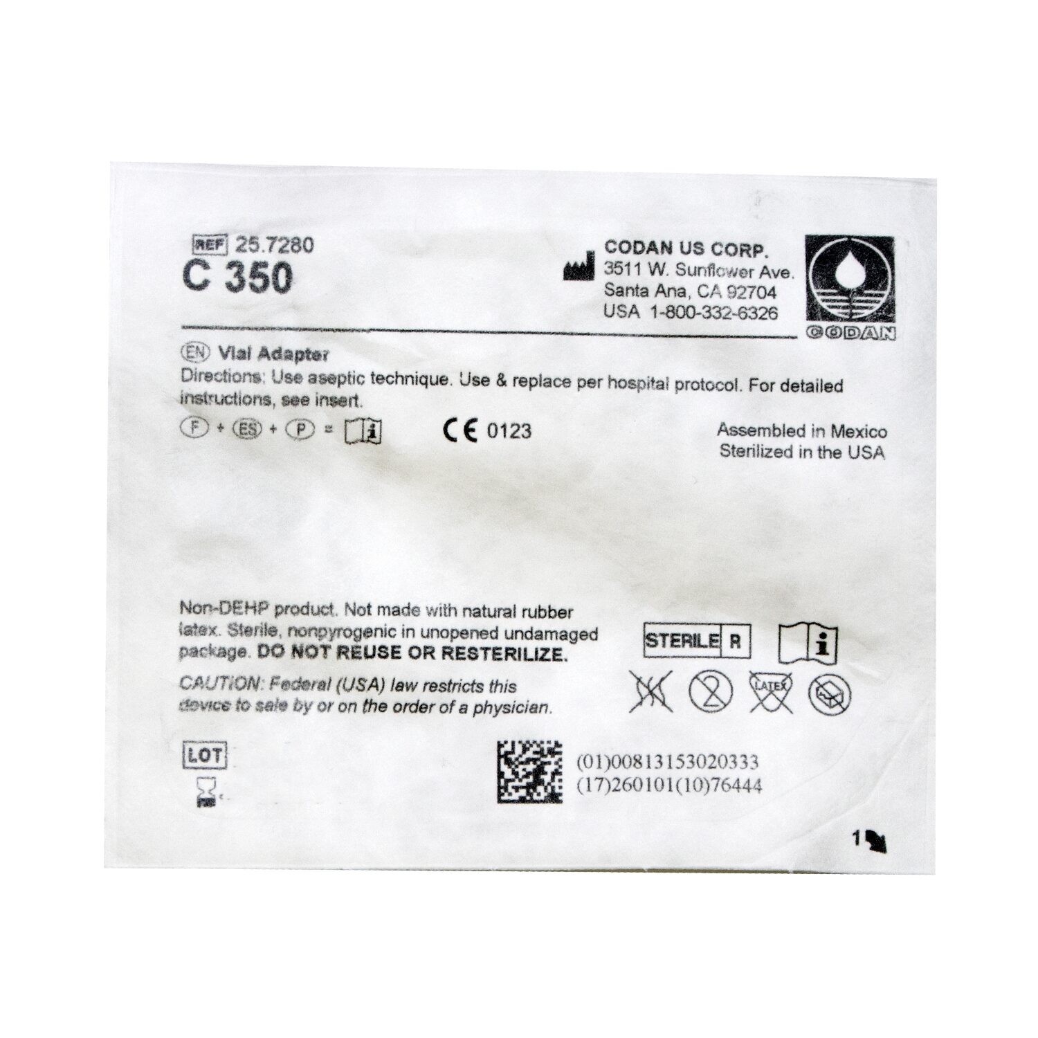 Codan® Dispensing Pin With Female Luer-Lock Cap, 0.2 Micron Air Filter ...