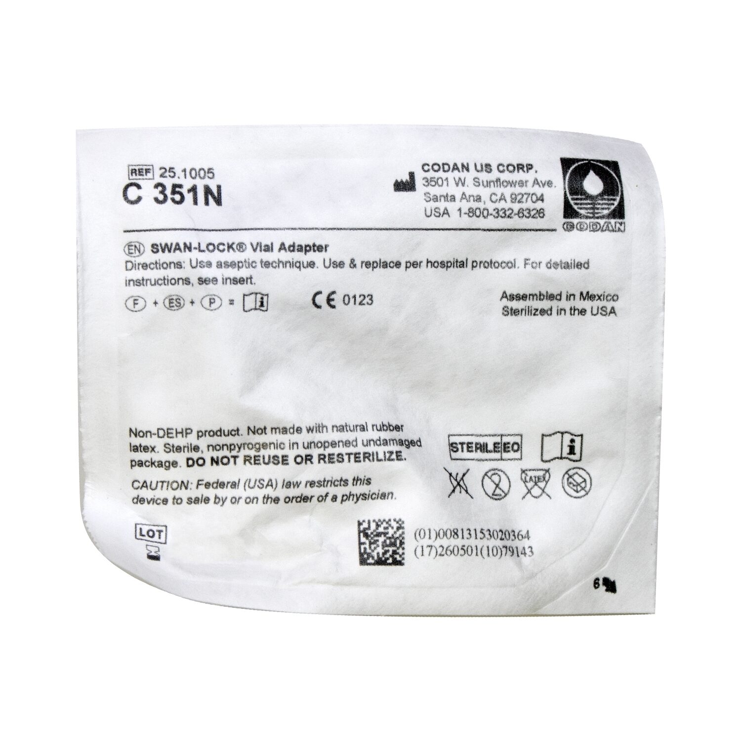 Dispensing Pin, Vial, Swanlock, Multi-Dose Vials, Non-Vented, Enclosed ...