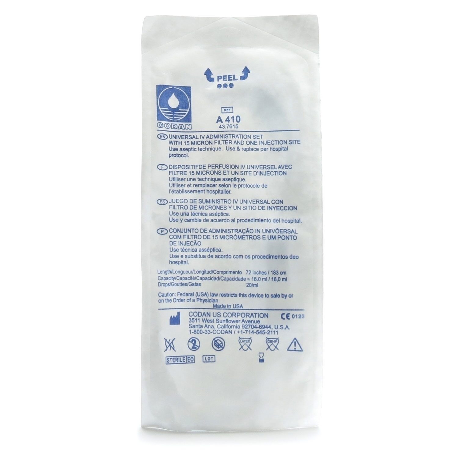 Codan Primary IV Administration Set with 1 Injection Y-Site, 15 Micron ...