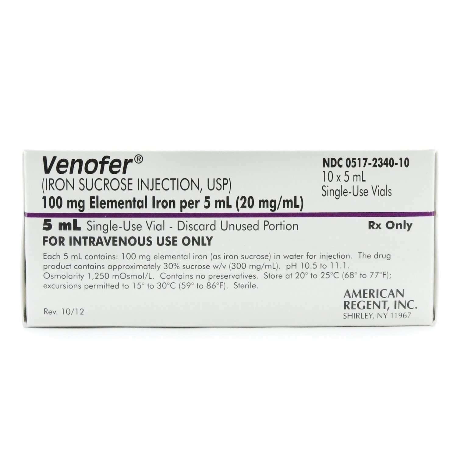 Venofer® Iron Sucrose Injection 20 mg/mL, Single Dose Vial 5 mL | McGuff